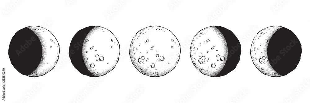 Antique style hand drawn line art and dot work moon phases isolated ...