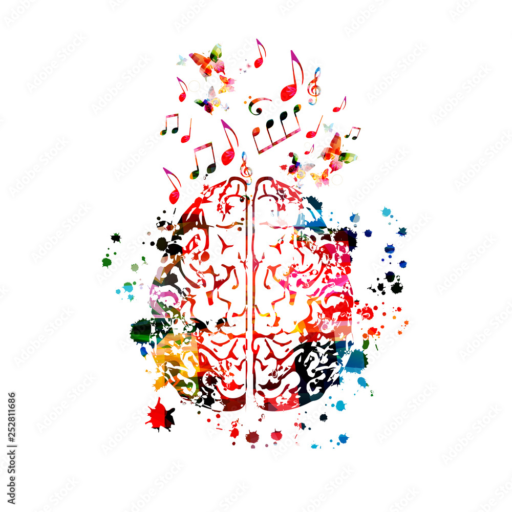 Colorful human brain with music notes isolated vector illustration ...
