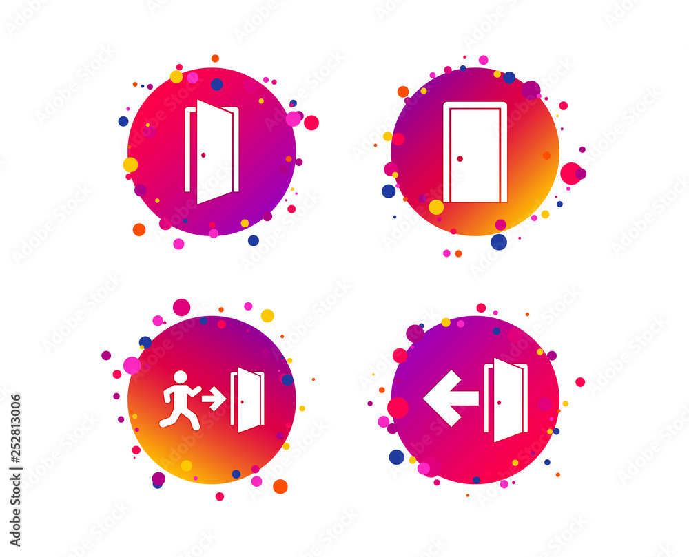 Doors icons. Emergency exit with human figure and arrow symbols. Fire ...