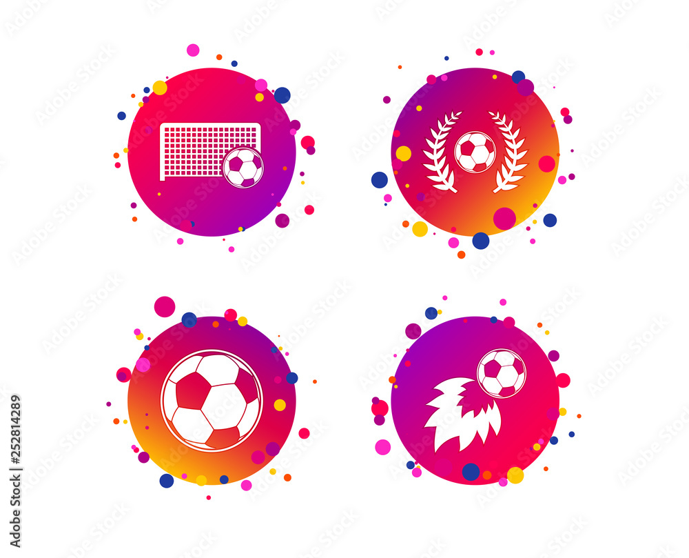 Football icons. Soccer ball sport sign. Goalkeeper gate symbol. Winner ...