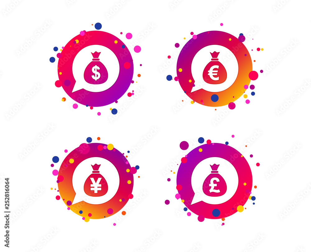 Money bag icons. Dollar, Euro, Pound and Yen speech bubbles symbols ...
