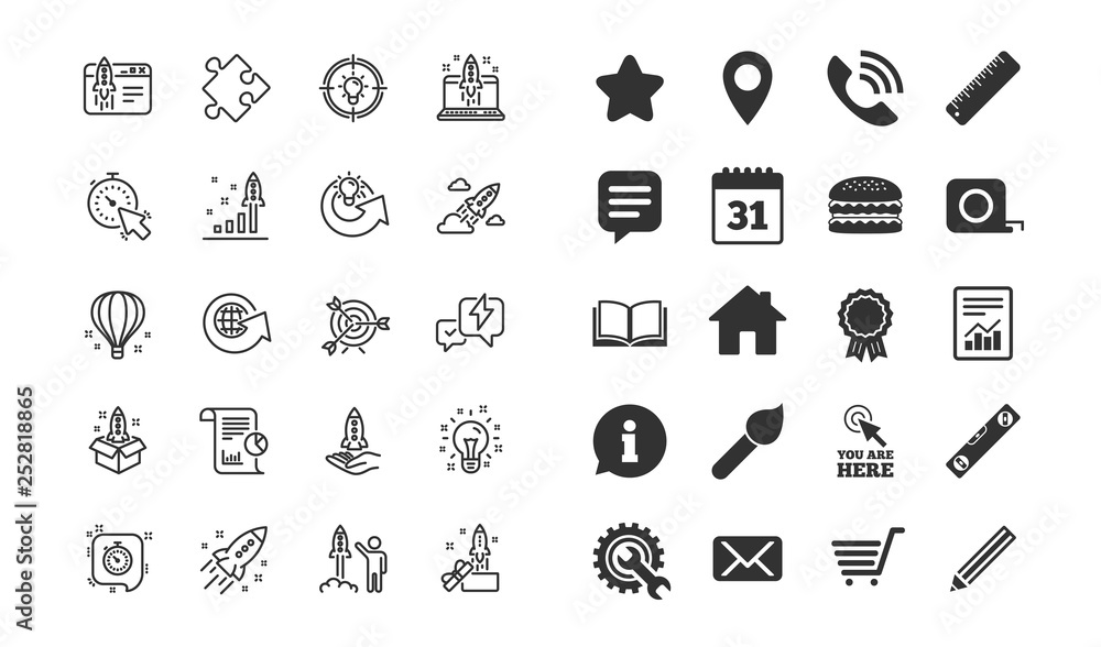 Startup line icons. Set of Launch Project, Business report and Target ...