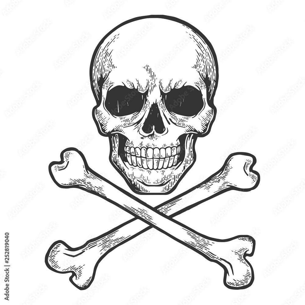 Skull with crossed bones. Pirate symbol Jolly Roger sketch engraving ...