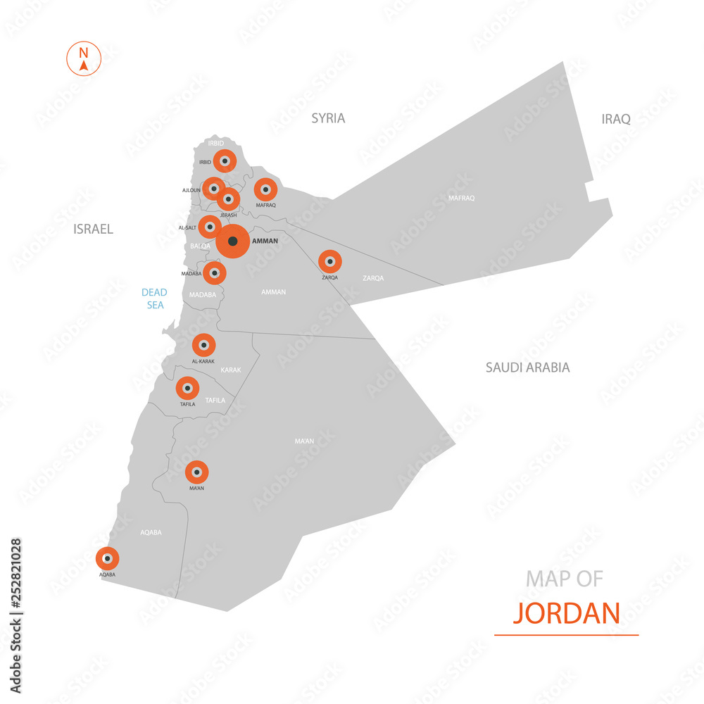 Stylized vector Jordan map showing big cities, capital Amman ...