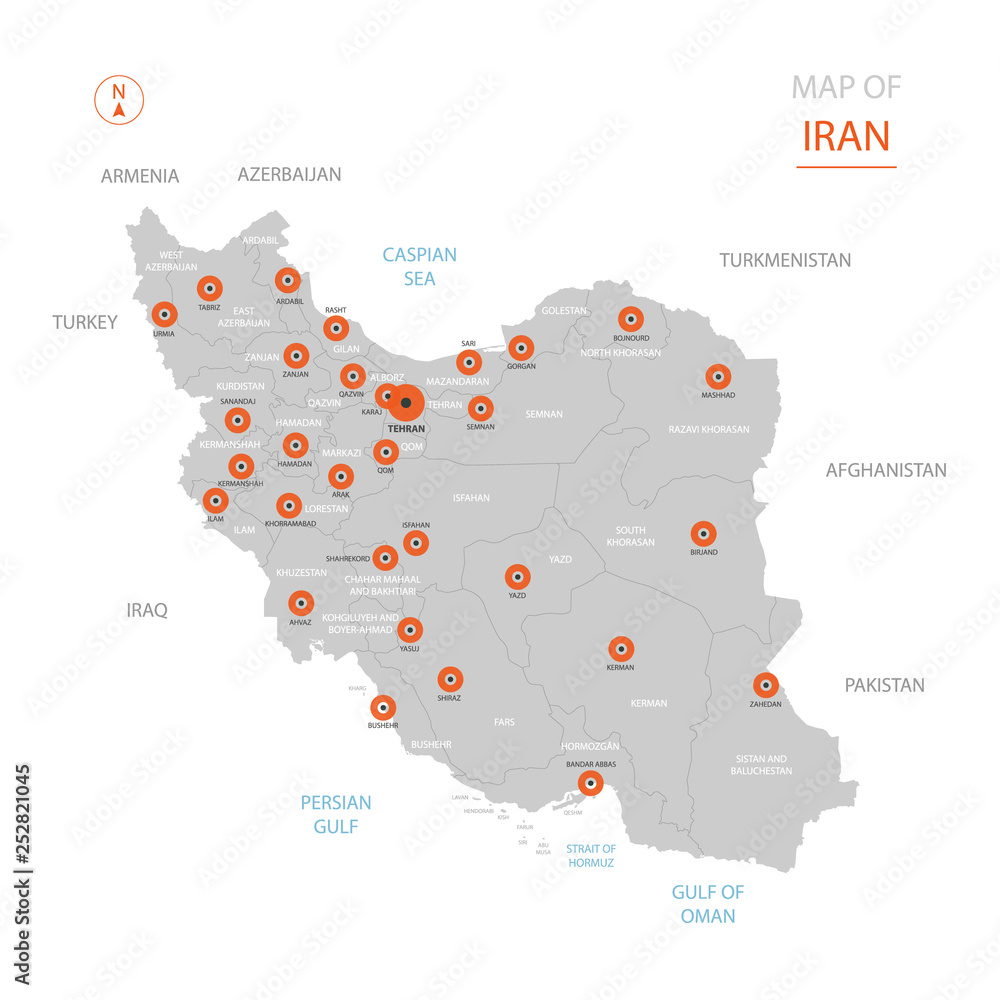 Stockvector Stylized vector Iran map showing big cities, capital Tehran ...