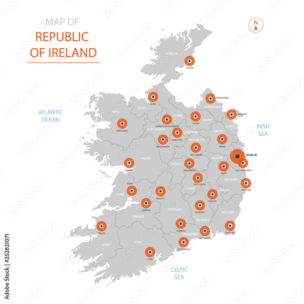 Stylized vector Republic of Ireland map showing big cities, capital ...