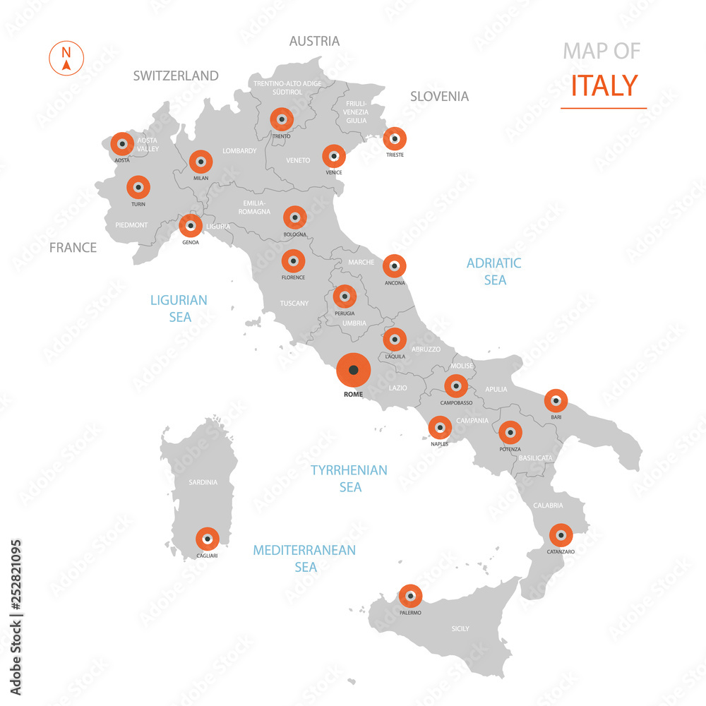 Stylized vector Italy map showing big cities, capital Rome ...