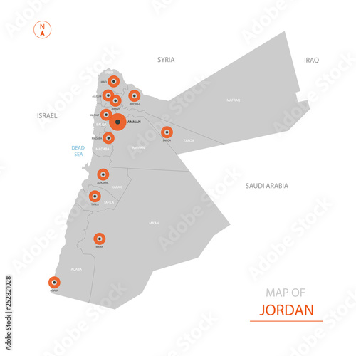 Stylized vector Jordan map showing big cities, capital Amman ...