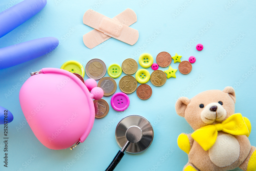 Children and money in health care system. Coins and cute colorful ...