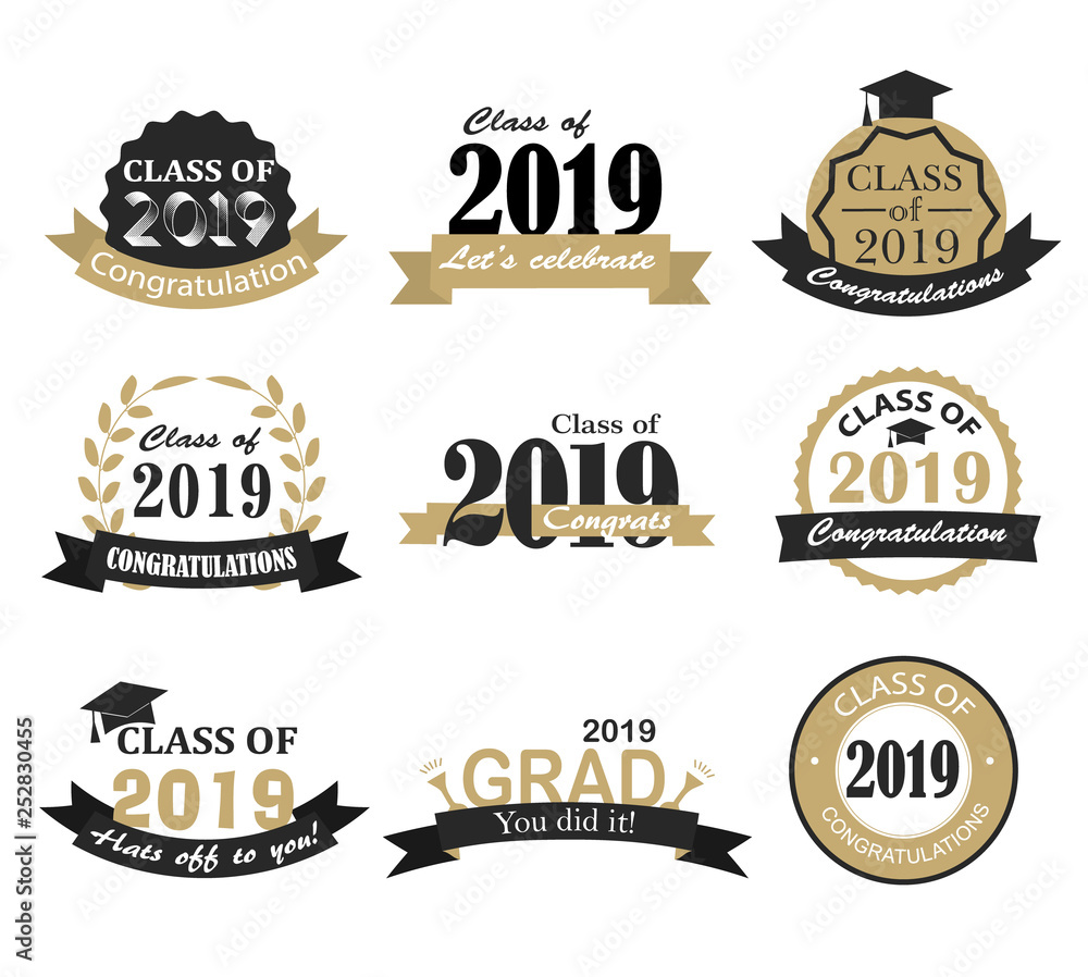Happy graduation 2019 badges, signs and symbols with cap and text in ...