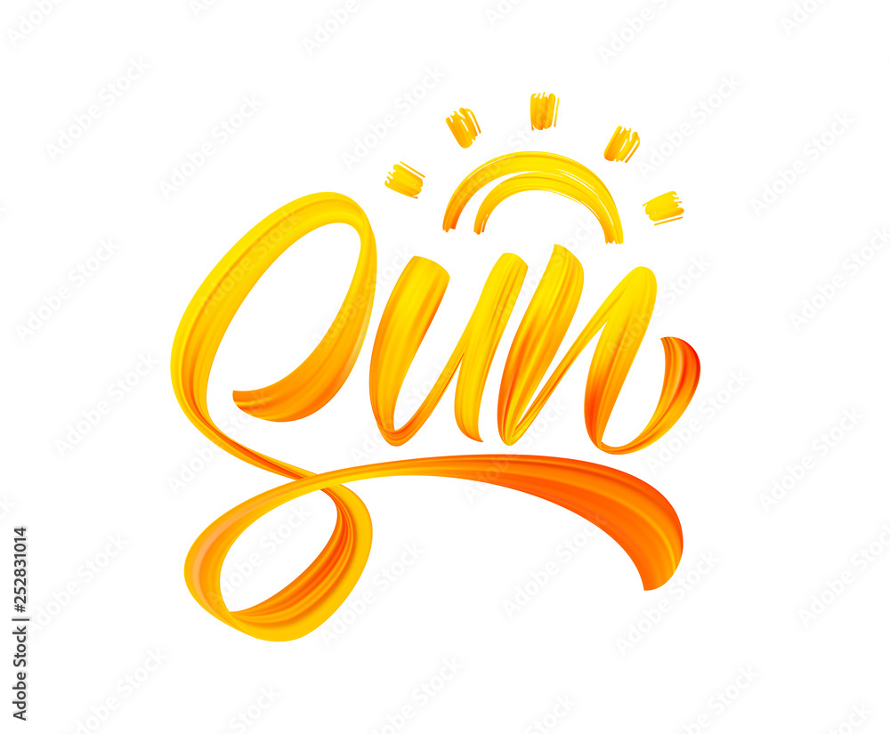 Handwritten brush stroke yellow acrylic paint lettering of Sun. Summer ...