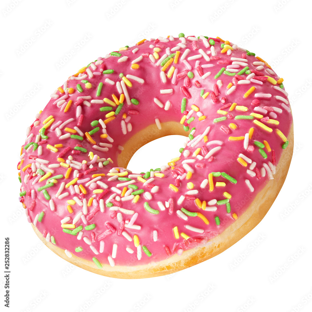 Tasty Donut dessert with frosted coral color glaze and colorful ...