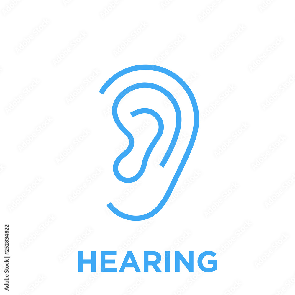 Hearing icon. Human body ear symbol. Listen sign. Blue vector graphic ...