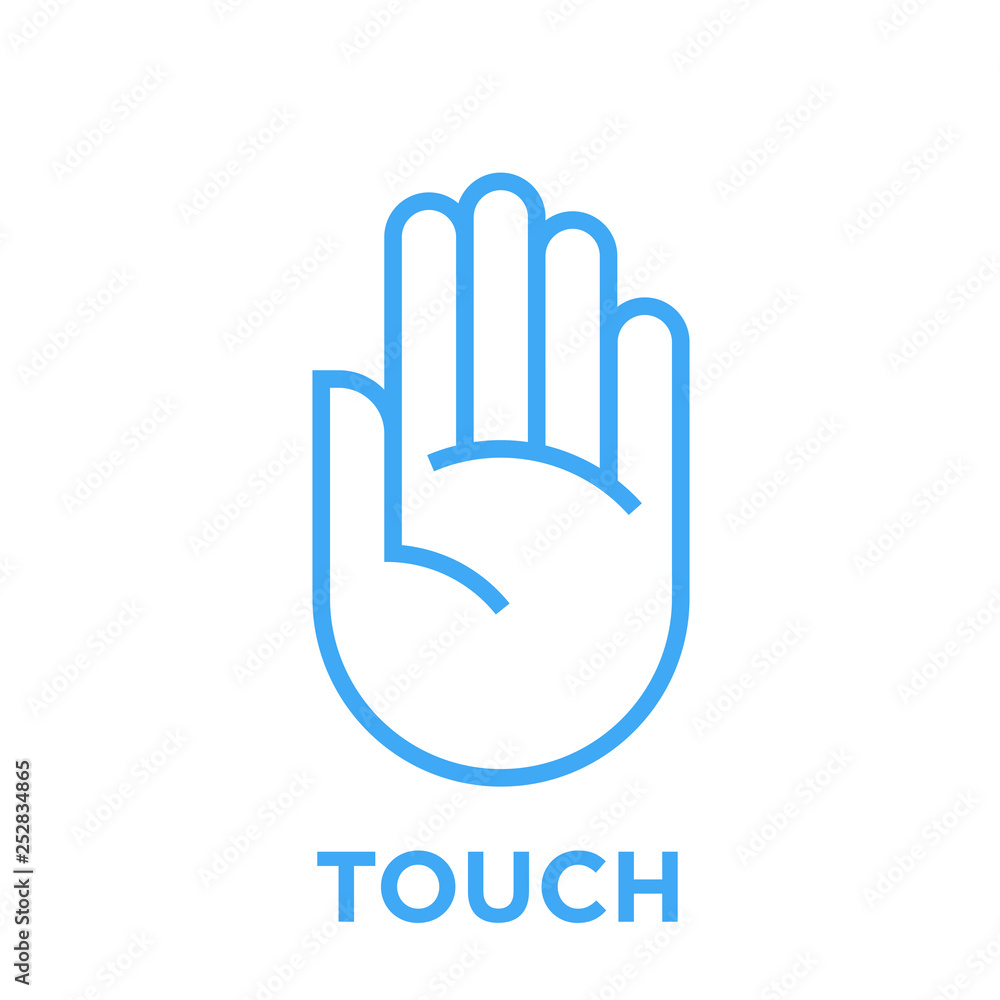 Hand icon. Touch symbol. Human palm sign. Blue vector graphic line ...