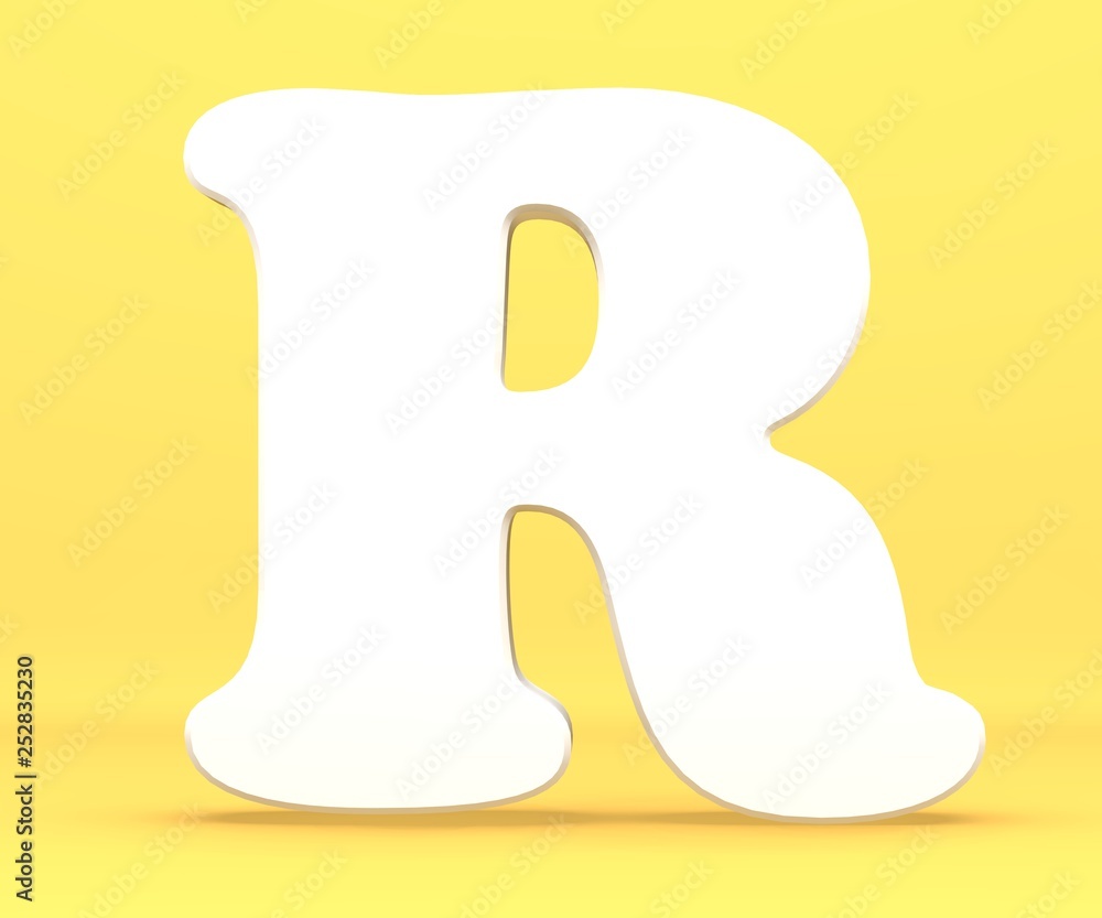 3d rendering illustration. White paper letter alphabet character R font ...