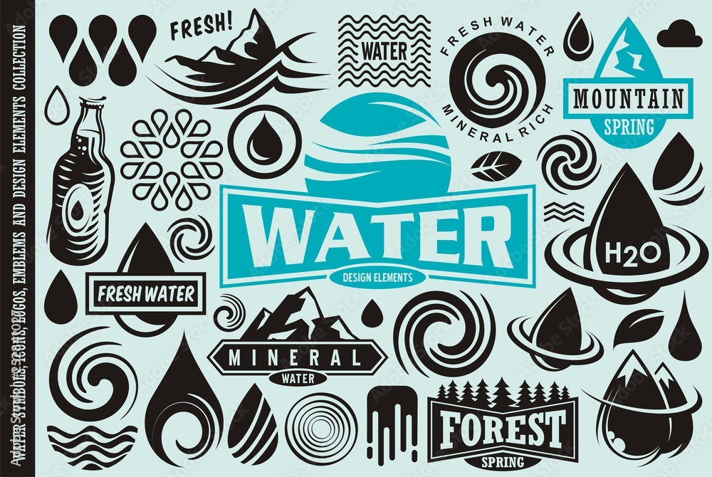 Water design elements collection. Water drops icons, symbols, logos ...