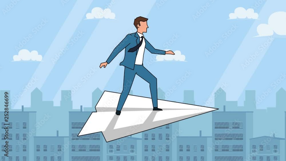 Flat cartoon businessman character flying on paper airplane animation ...