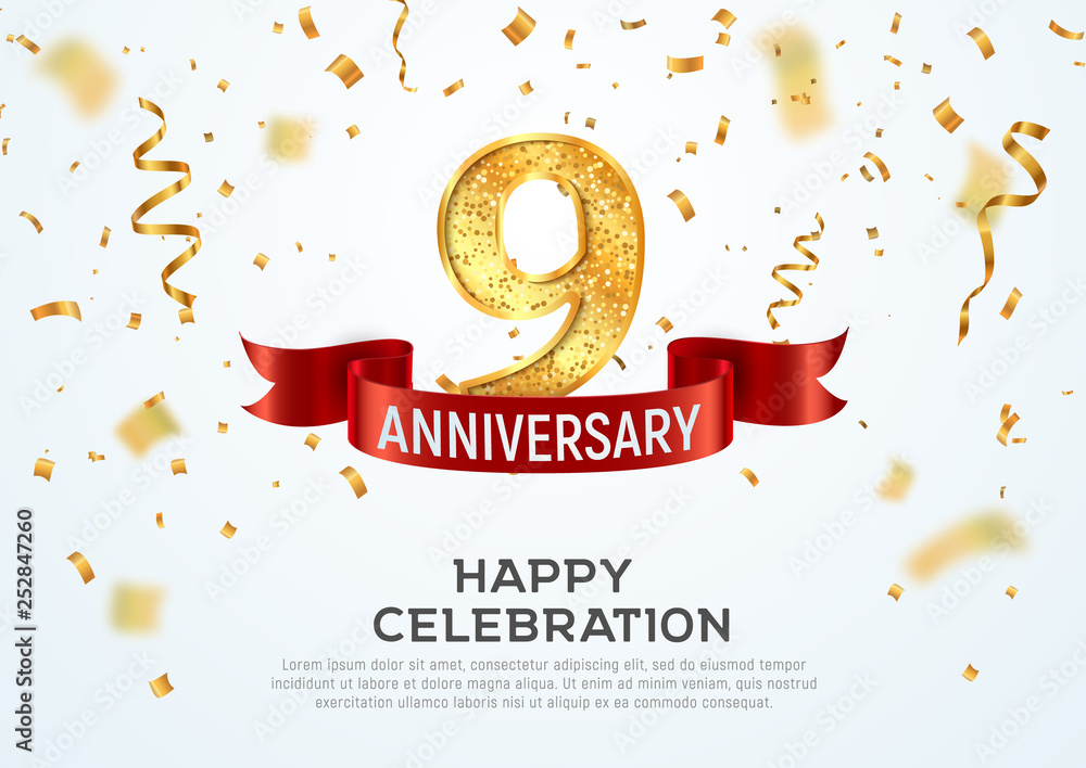 9 years anniversary vector banner template. Nine year jubilee with red ...