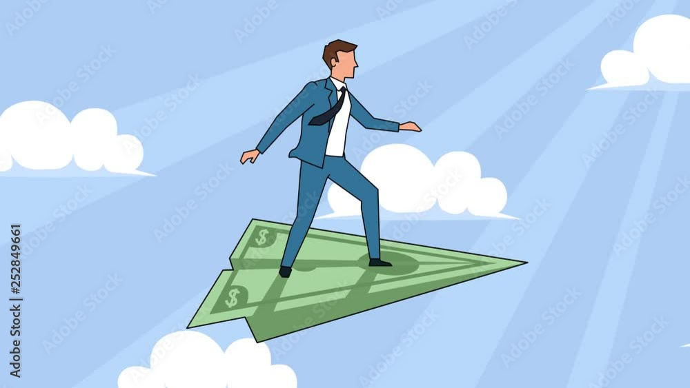 Flat cartoon businessman character flying on dollar paper airplane ...