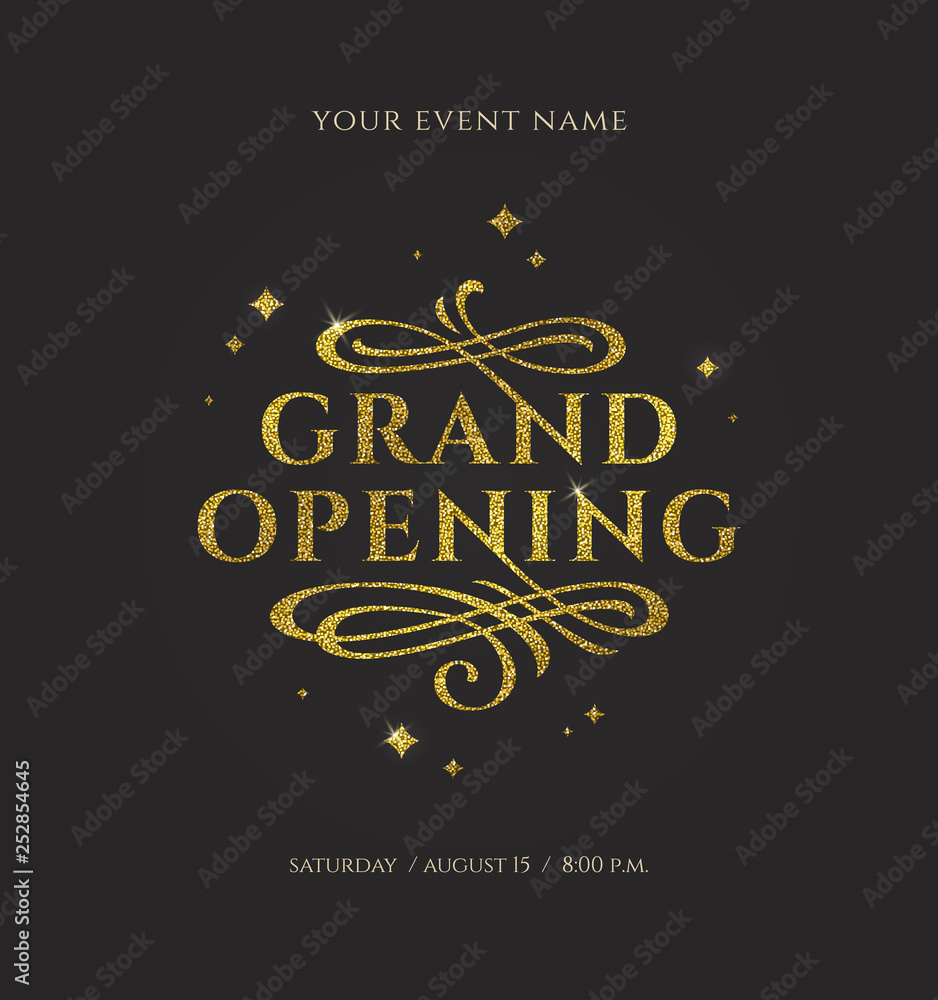 Grand opening - glitter gold logo with flourishes ornamental elements ...