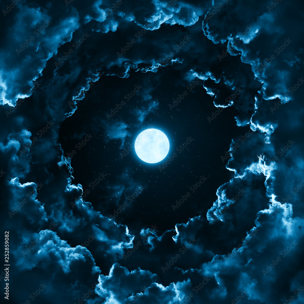 Full moon in the mystical midnight sky with stars surrounded by ...