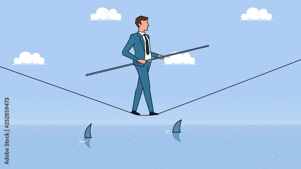 Flat cartoon businessman character walking a tightrope over the sea ...