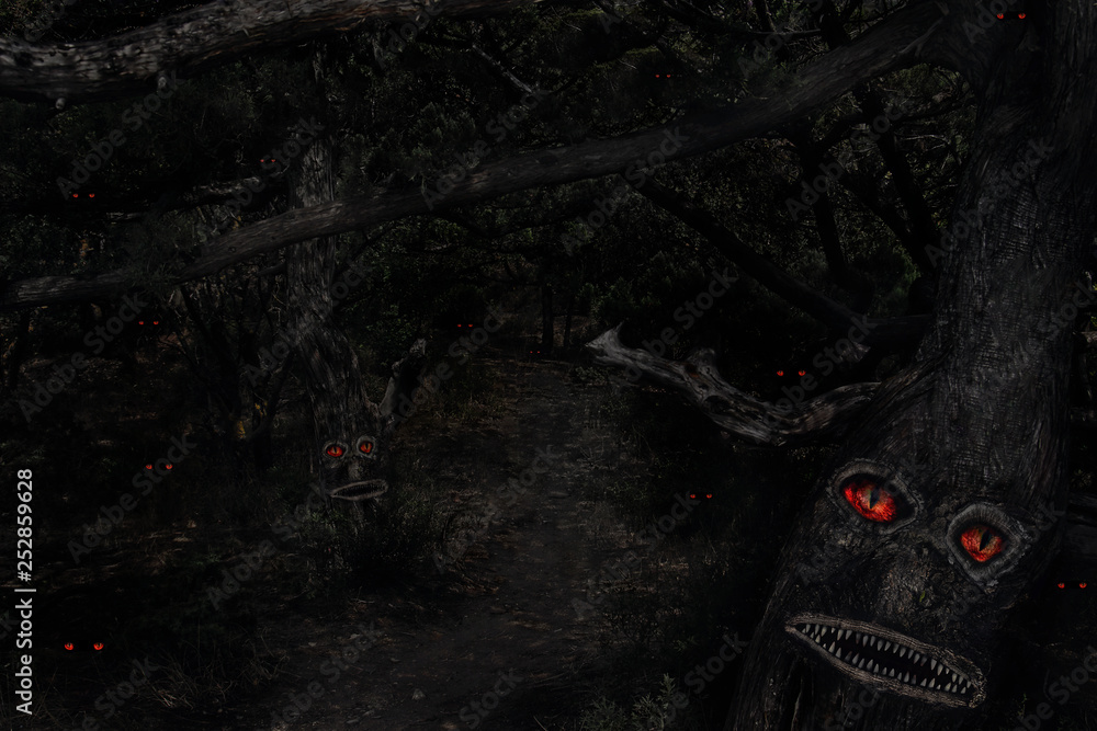 scary night fairy forest with tree monsters and eyes in the dark Stock ...