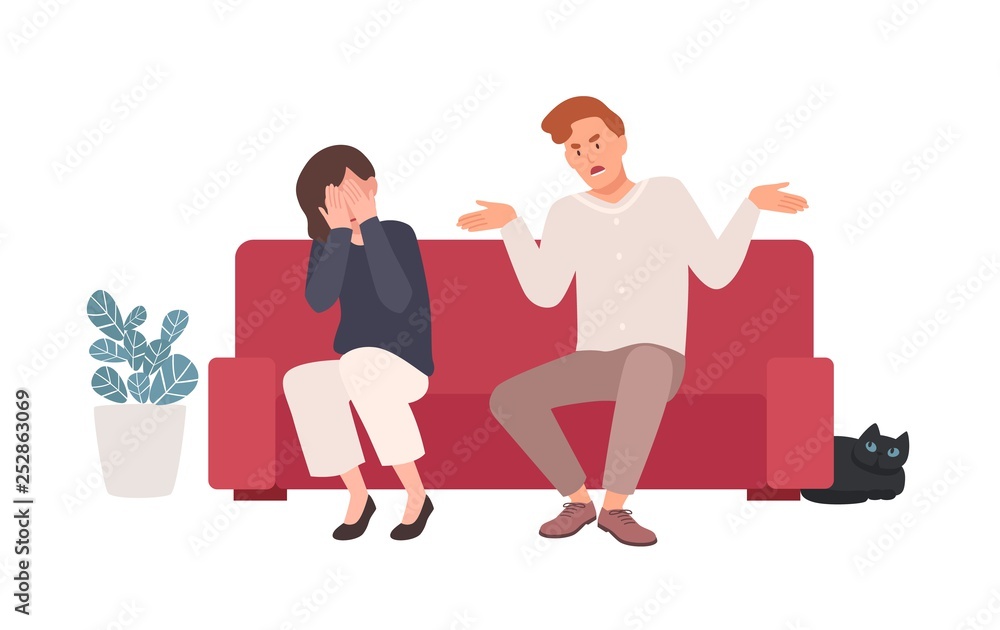 Spouses or romantic partners sitting on sofa and quarreling. Husband ...