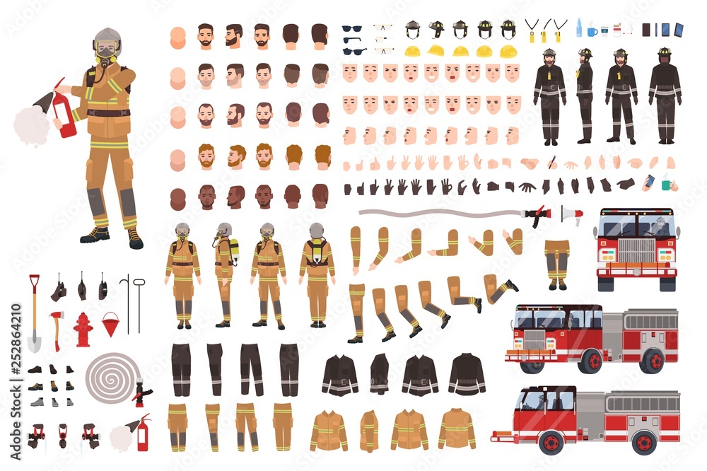 Firefighter creation set or DIY kit. Bundle of fireman body parts ...