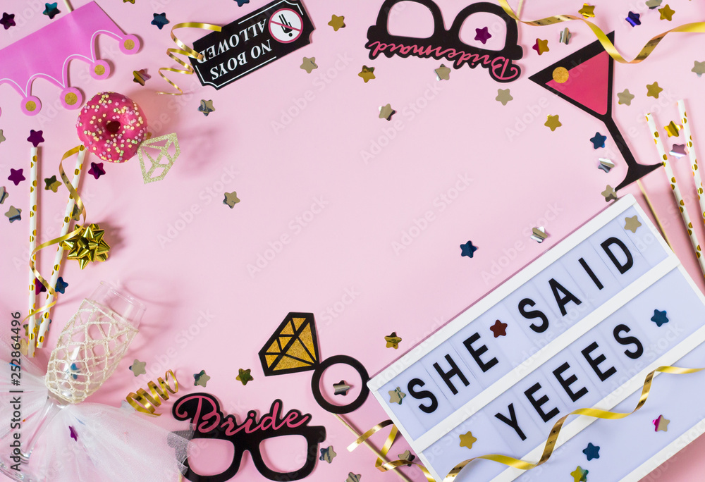 Bachelorette party background. She said yes concept. Flat lay Stock ...