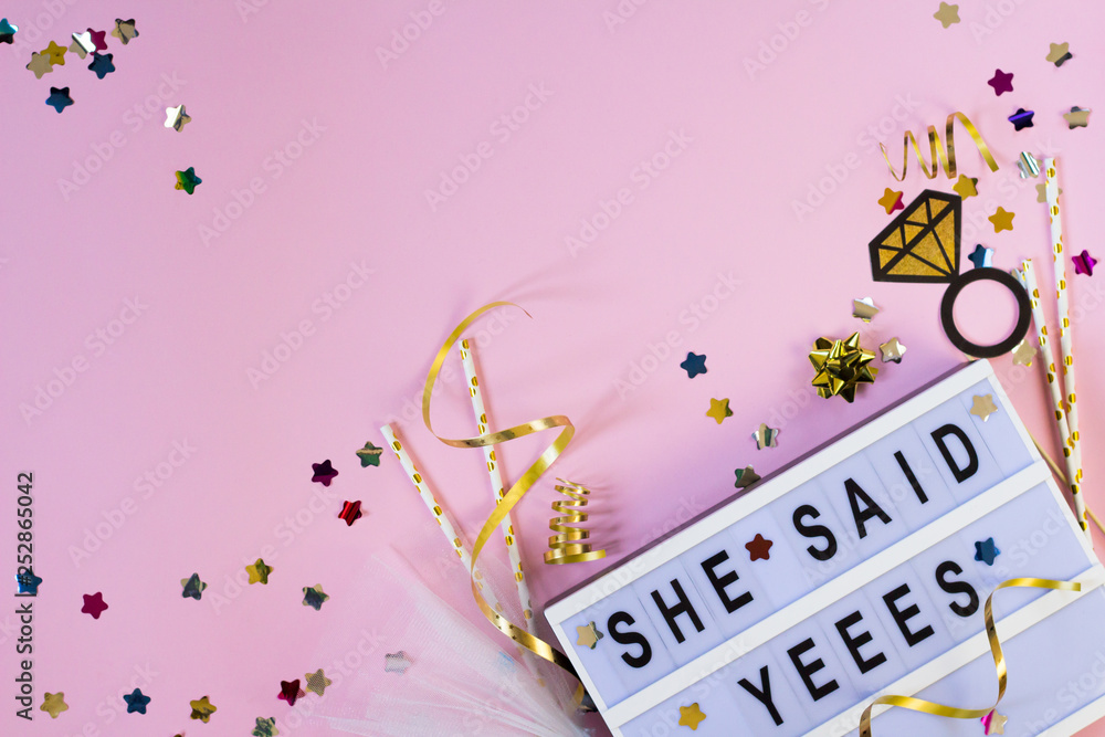 Wedding background. She said yes concept. Flat lay Stock Photo | Adobe ...