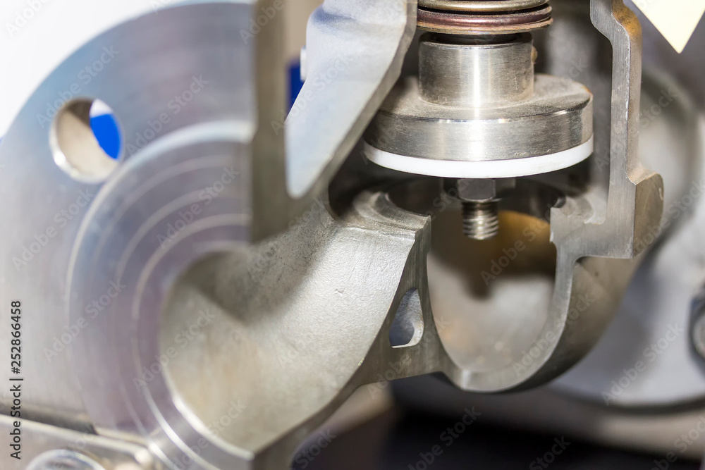 close up detail inside of cross section of control valve for industrial ...