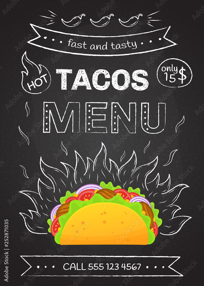 Mexican cuisine fastfood tacos menu vector illustration. Retro flame ...