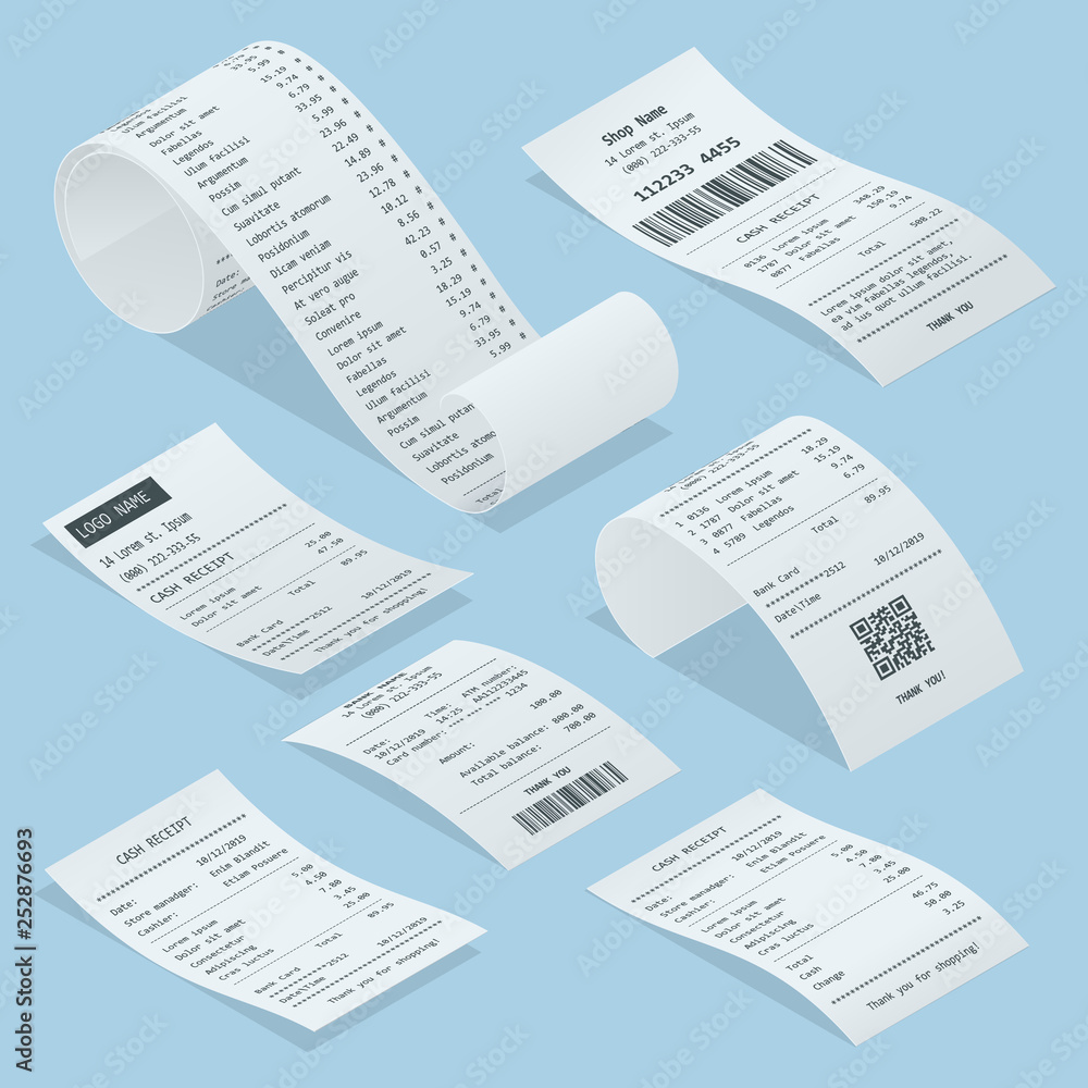 Isometric set of paper check and financial check isolated. Cash ...