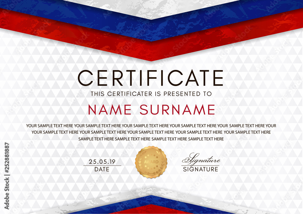 Certificate template with Russian flag (white, red, blue colors) frame ...