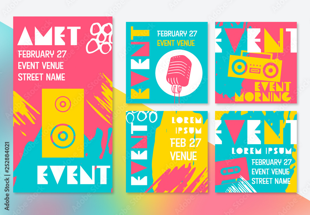 Bright Social Media Post Layout Set with Retro Designs Stock Template ...