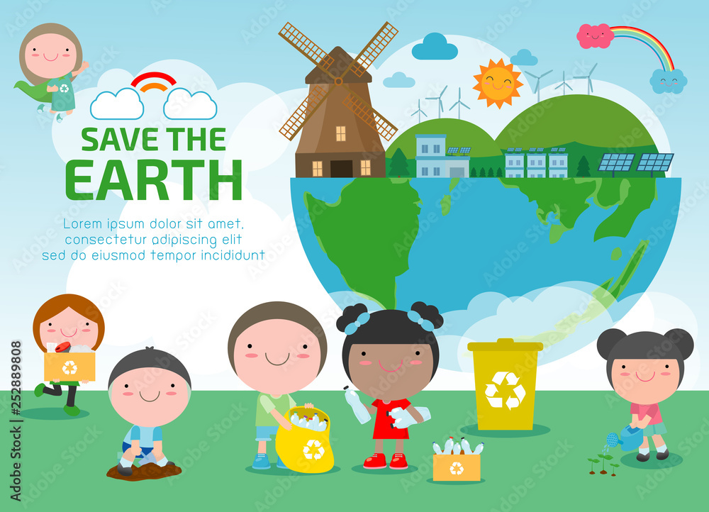 Kids for Saving Earth, save the world, save planet, ecology concept ...