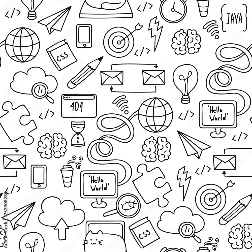 Doodle seamless pattern with web development objects. Programmer items in cartoon outline. Stock ...