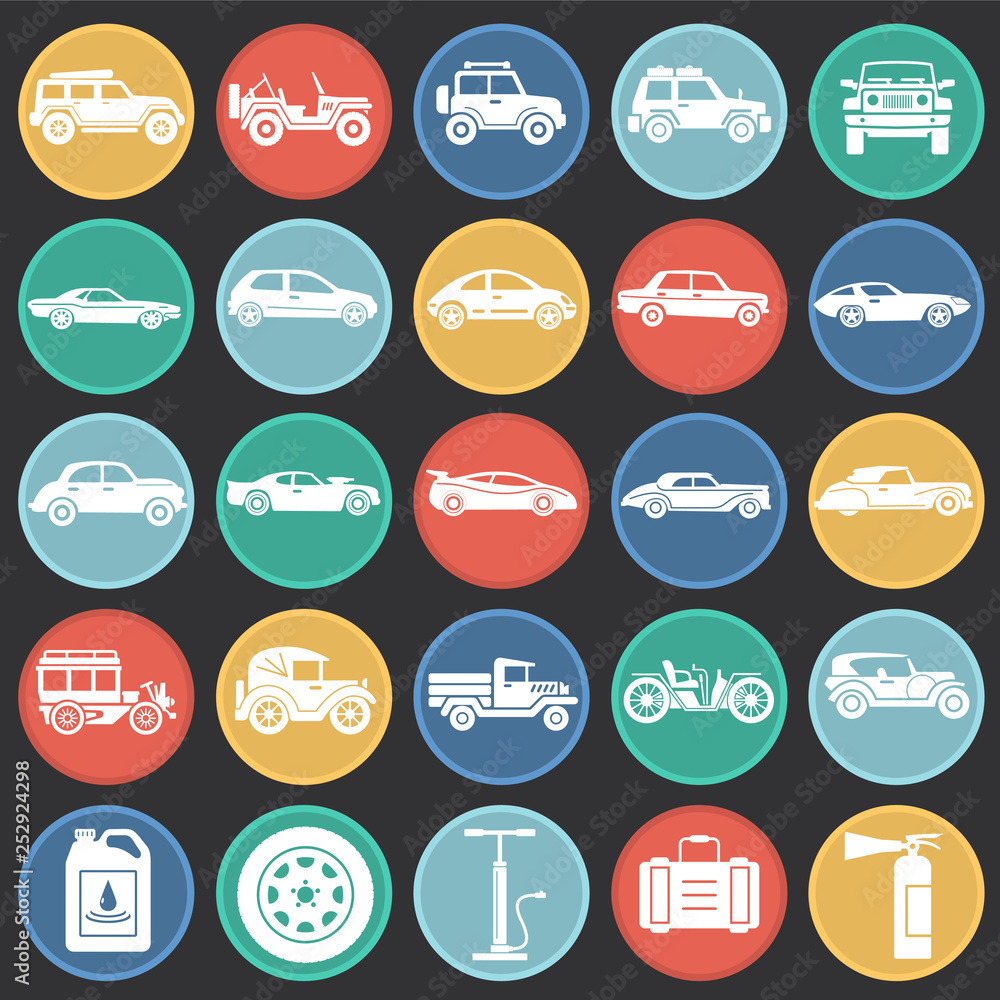Cars icons set on color circles background for graphic and web design ...