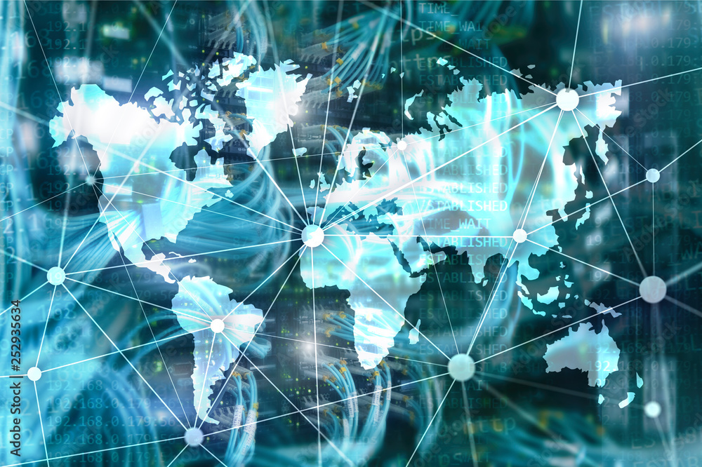 World map with communication network on server room background Stock ...
