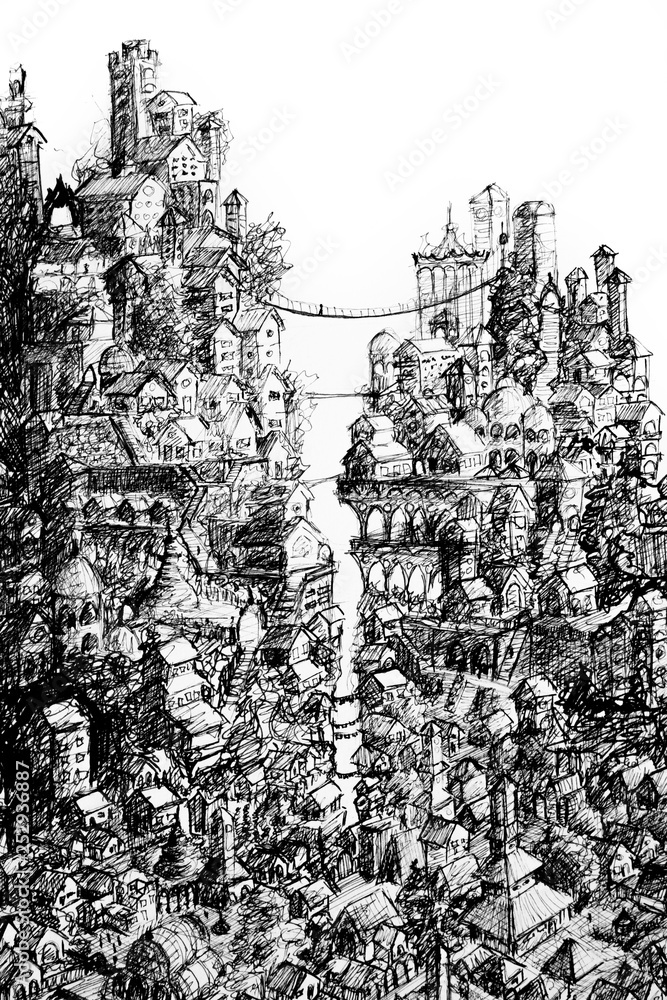 Hand drawn sketch of a mysterious densely populated town on a hillside ...