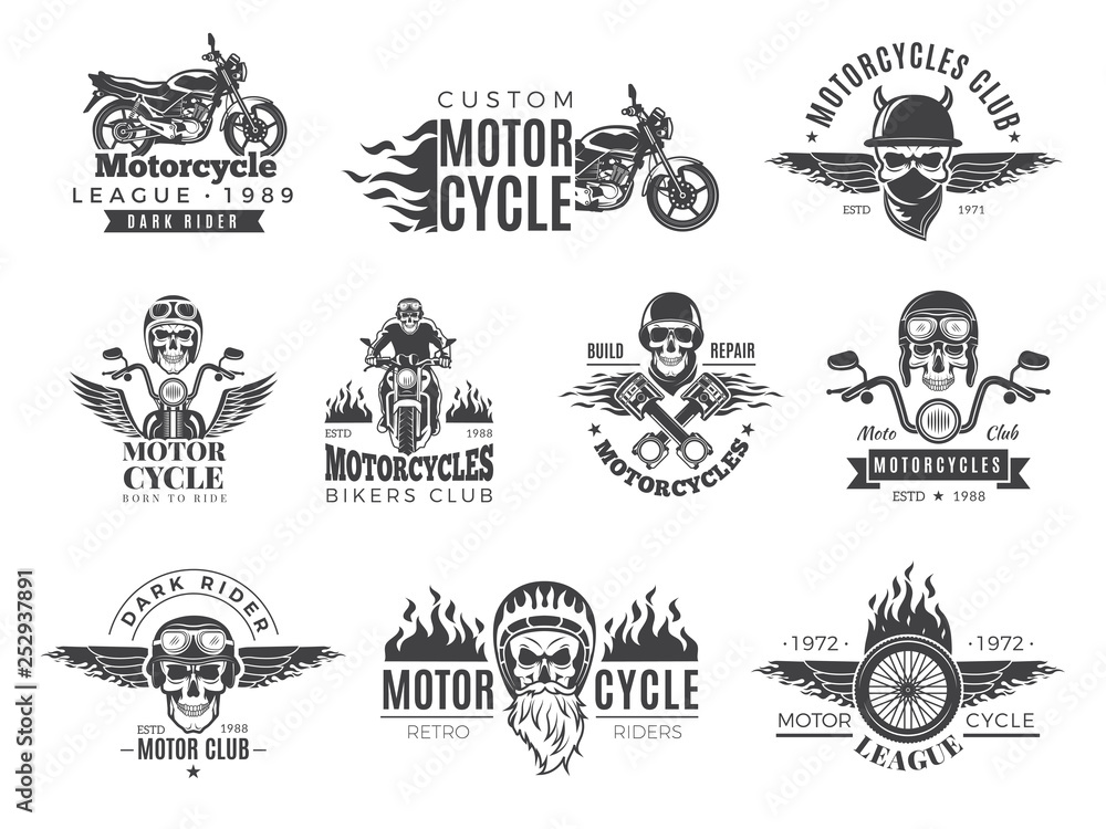 Motorcycle labels. Biker badges with speed symbols engine motor race ...