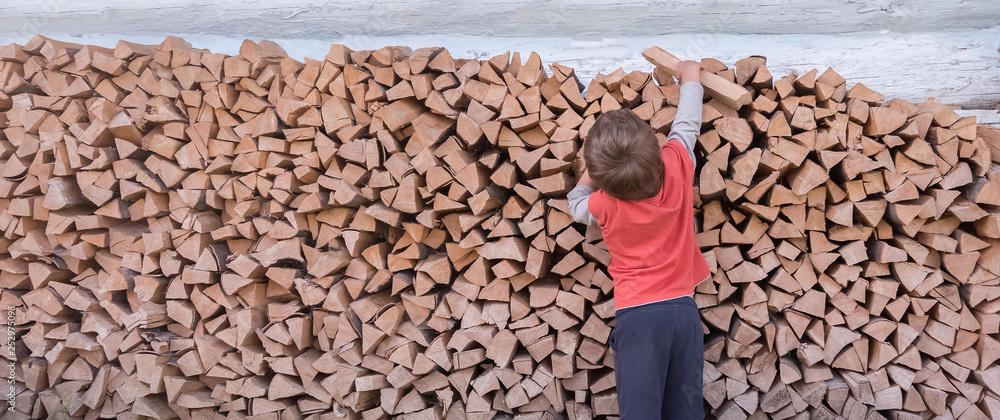 Woods stacked along the wall. Fuel background. Boy gathering firewood ...