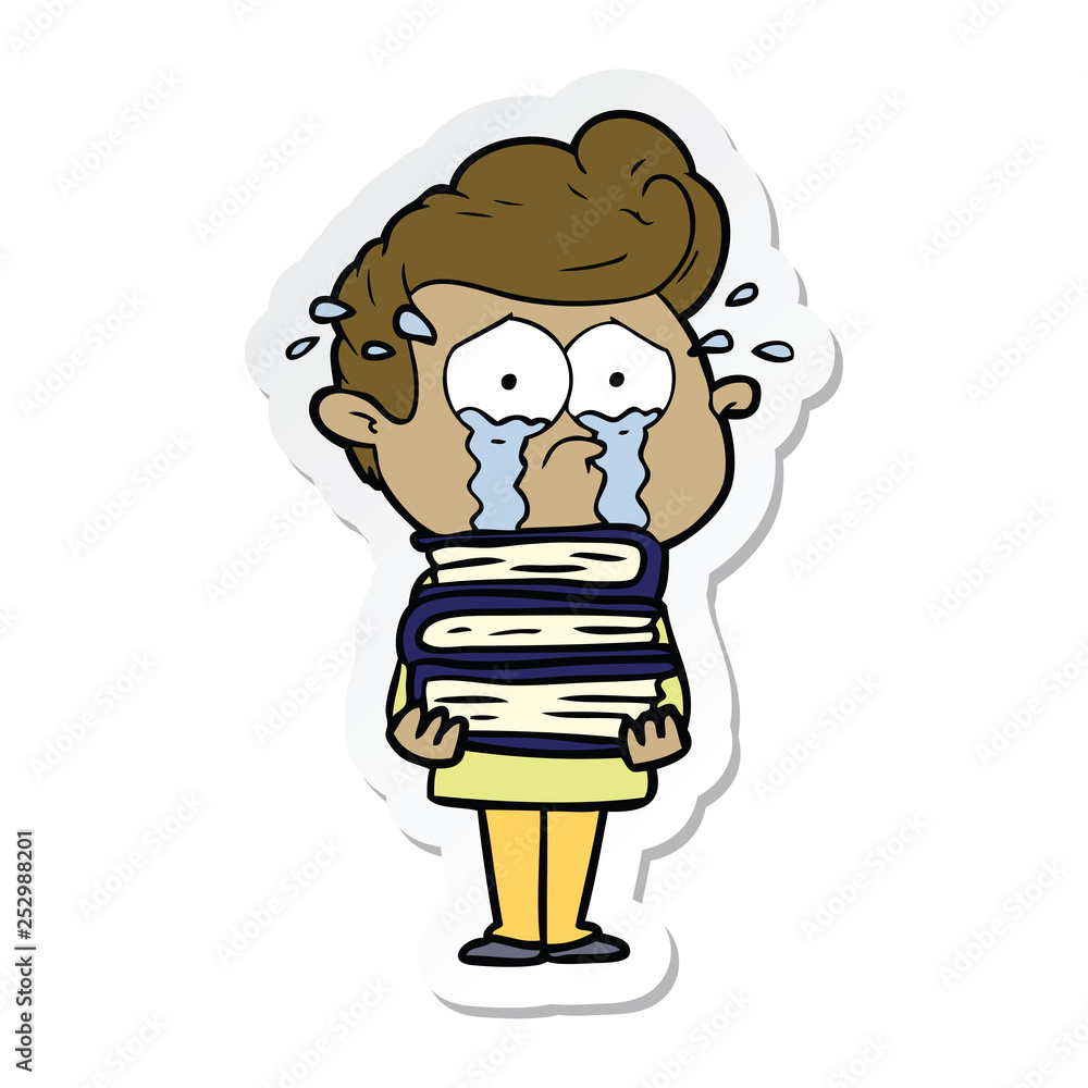 sticker of a cartoon crying student with stack of books Stock Vector ...