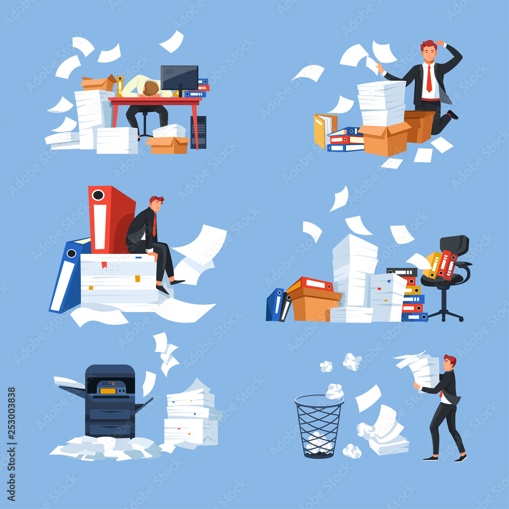 Office paperwork documents and paperblanks businessman and work load ...