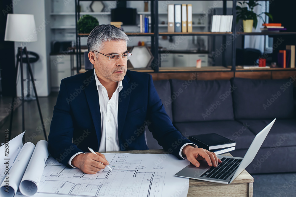 Mature architect working with laptop and drawings in office Stock Photo ...