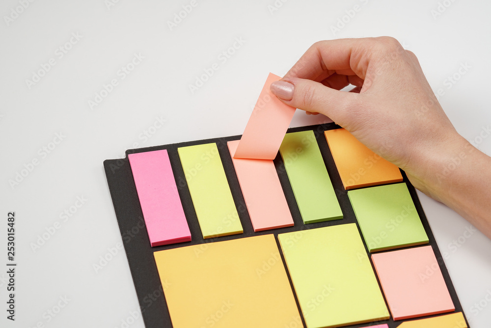 Blank note paper set of different colours forms and sizes. Sticky notes ...