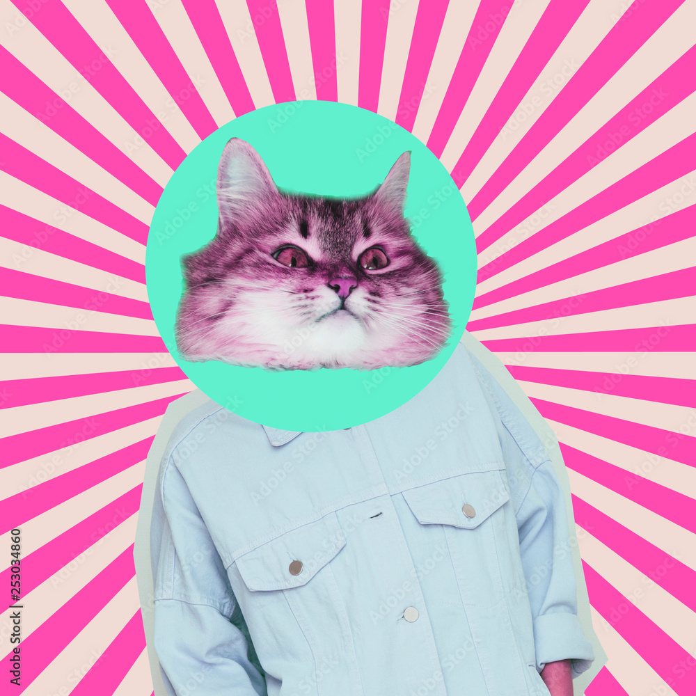 Modern art collage. Female alien model with the cat head on psychedelic ...