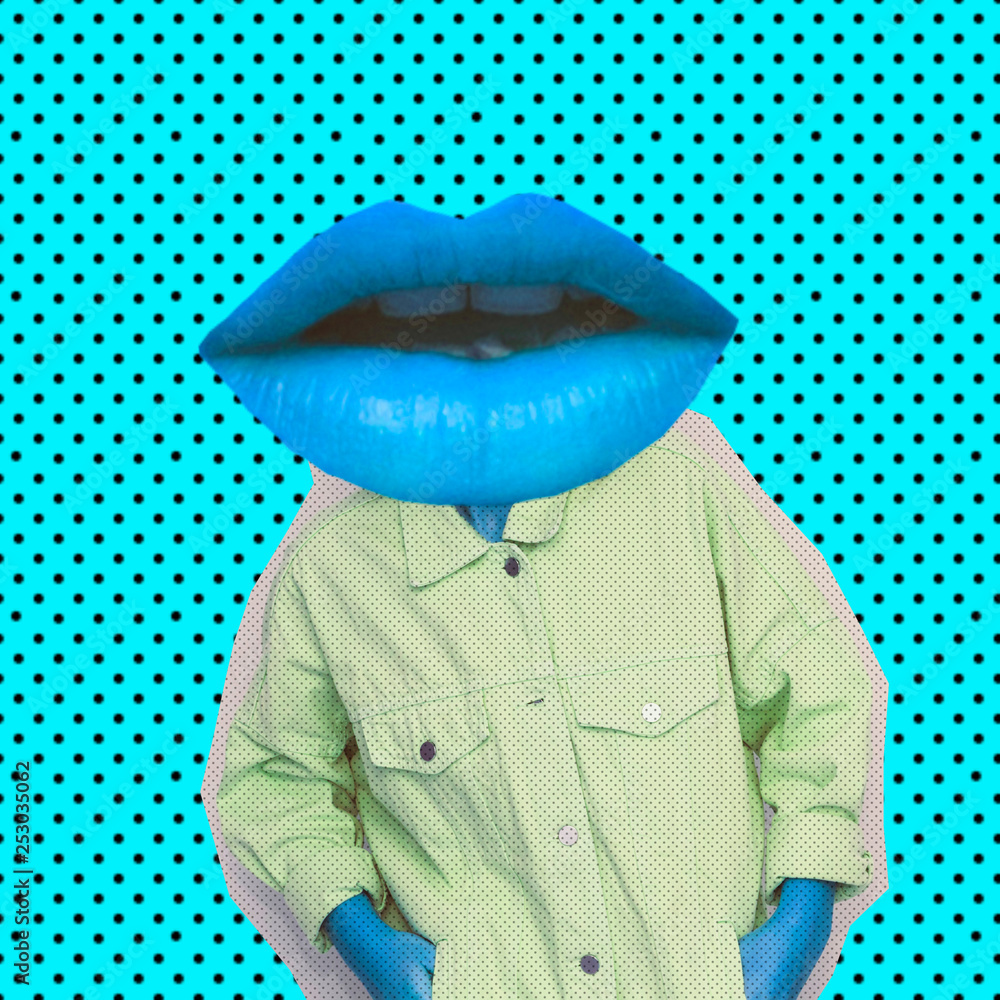 Modern art collage. Female alien model with the big blue lips instead ...