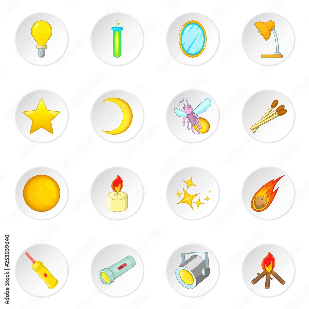Sources of light icons set. Cartoon illustration of 16 sources of light ...